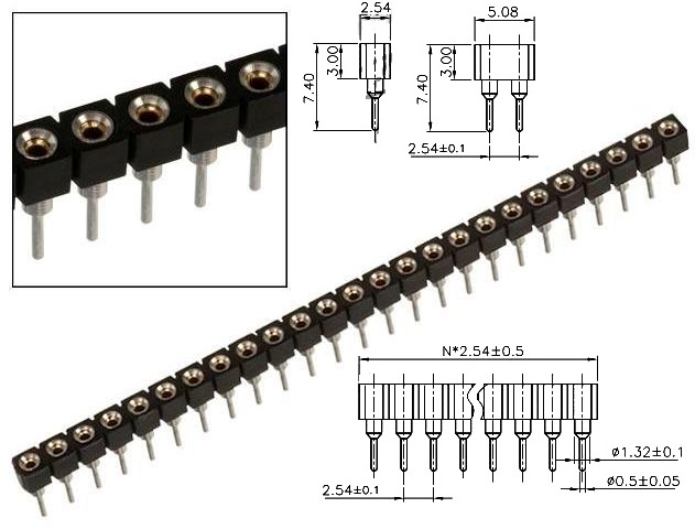 Tira de Pin Hembra Torneado 2.54mm Recto
